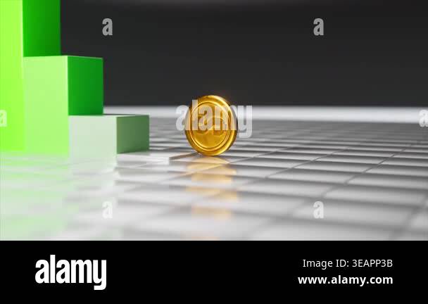 Golden dollar coin rolling down a staircase next to green bar graphs ...
