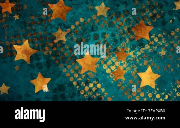 Golden stars on turquoise grunge abstract background video animation ...