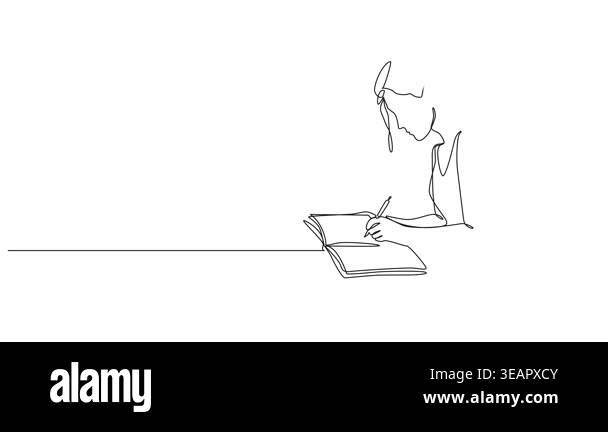 animated continuous line drawing of young woman writing in diary or ...