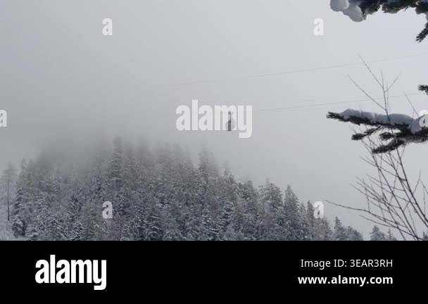 Cable car ascending through foggy winter landscape in Karwendel ...
