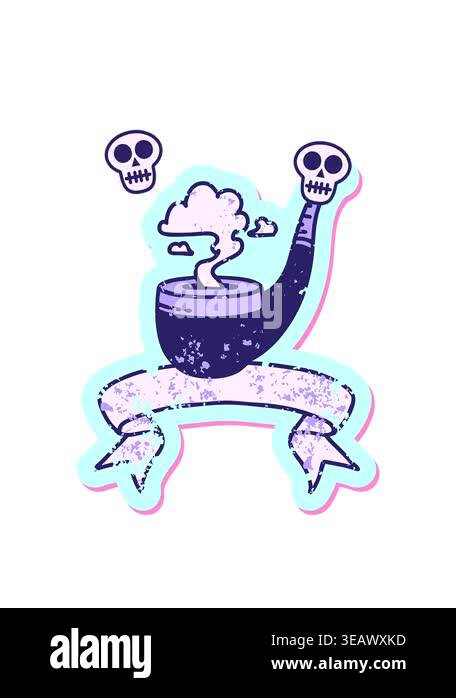spinning skulls animation of worn old sticker with banner of a smokers ...