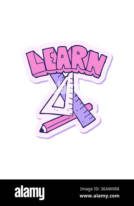 power up animation of sticker of a cartoon pencil and ruler under Learn ...
