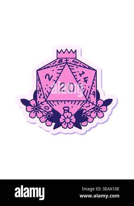 pressure popping animation of sticker of a natural 20 D20 dice roll ...