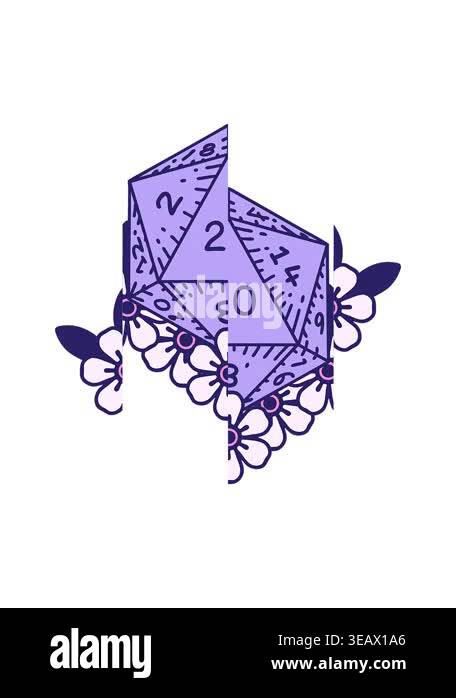 splitting motion animation of natural 20 D20 dice roll with floral ...