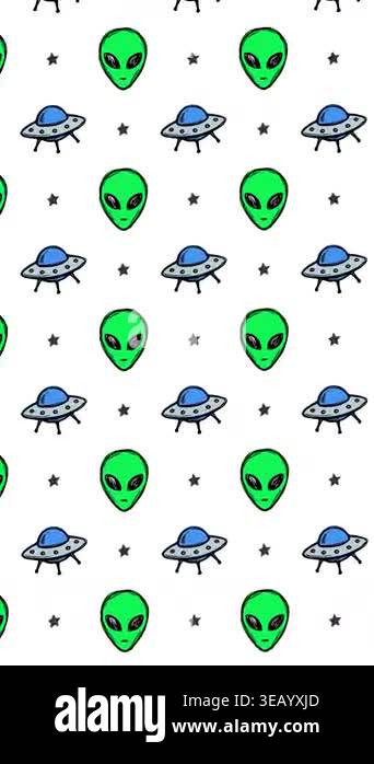 Cartoon Doodle Alien UFO and Stars Pattern, Hand Drawn Space Icons with ...