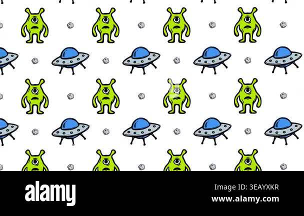 Cartoon Doodle Green Alien UFO and Asteroid Pattern, Hand Drawn Space ...