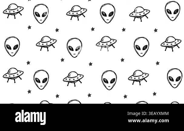 Cartoon Doodle Alien and UFO Pattern, Hand Drawn Space Icons with ...