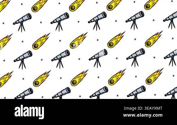 Cartoon Doodle Telescope and Falling Asteroid Pattern, Hand Drawn Space ...
