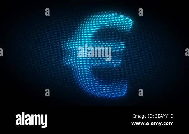 Blue Euro Symbol Rotating Animation, Digital Dot Particles on Dark ...