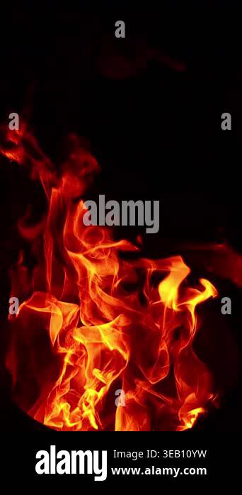Close-up view of intense flames burning brightly in darkness, showing ...