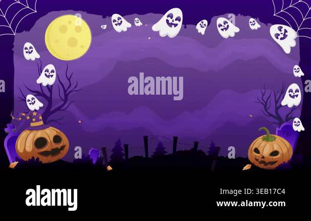 happy halloween poster with scary pumpkins, bats and moon on blue sky ...