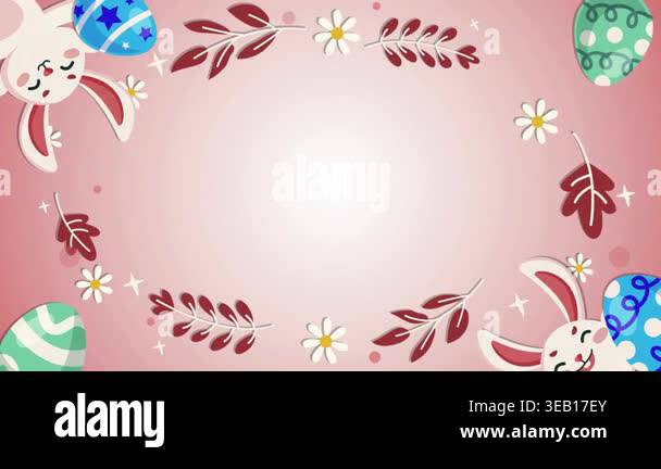spring easter background with eggs, flowers and leaves on a pink ...