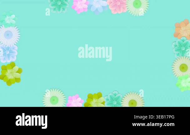 frame of colorful flowers on a blue background. top view flat lay, copy ...