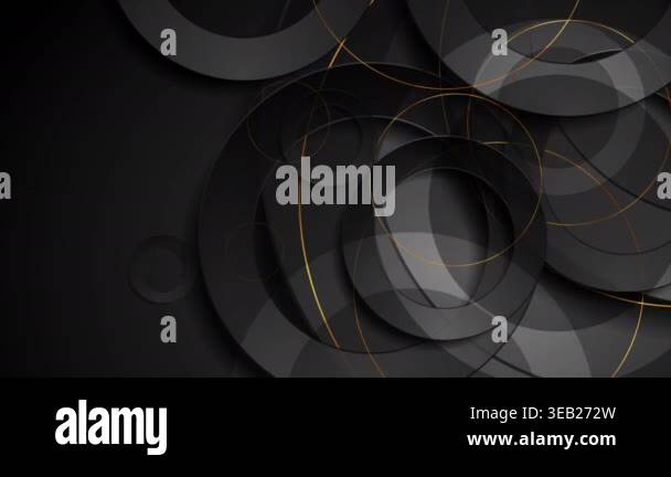 Dark geometric motion background with abstract golden and black circles ...