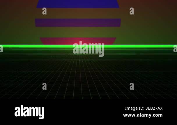 Retro synthwave landscape with glowing neon sun and digital grid floor ...