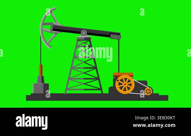 Oil pump jack with a dark structure and an orange gear against a bright ...