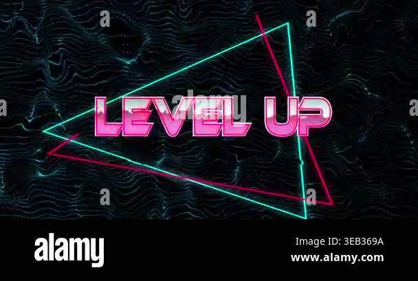 Animation of level up text on triangles over wave pattern against black ...