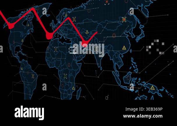 Animation of financial graphs, data and world map on black background ...