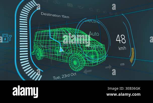 Animation of 3d car model and clocks over dark background. Global ...