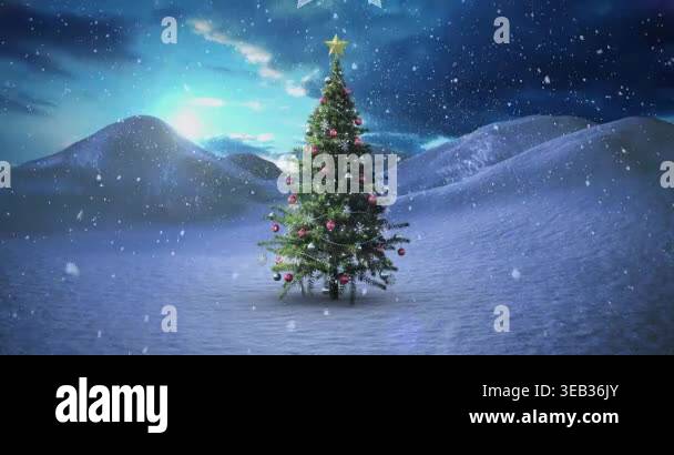 Animation of rainbow lens flare and snow falling over hanging ...