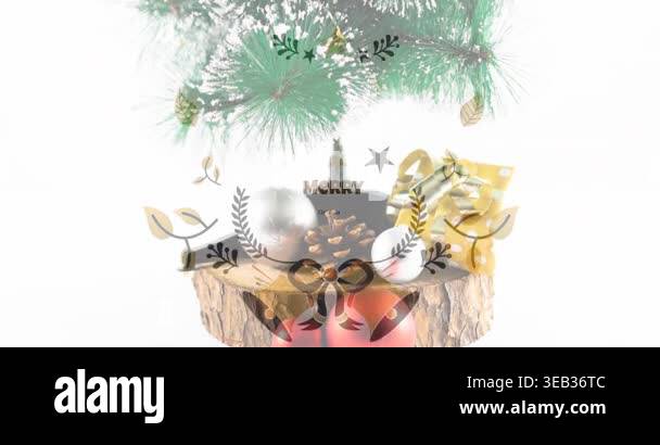 This video features animated christmas baubles and a tree on a white ...