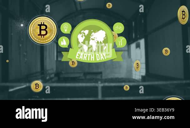 Animation of earth day text with globe icon and bitcoin symbols over ...