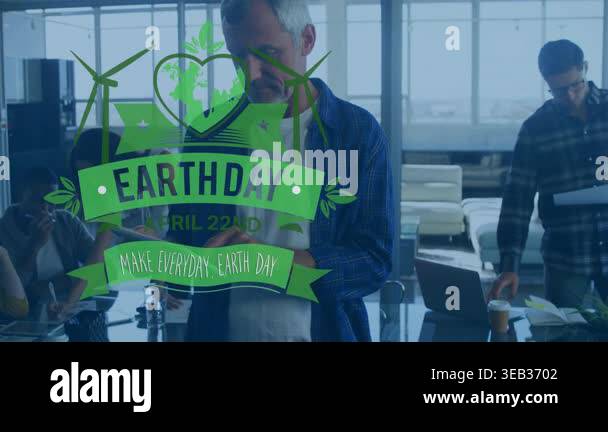 Animation of earth day text over diverse business people using ...