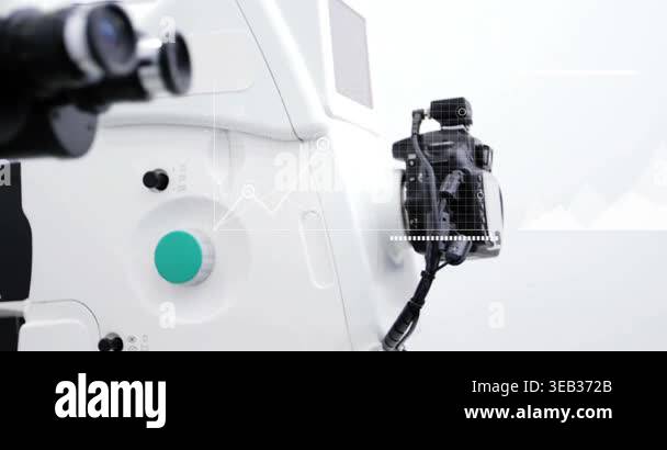 Analyzing data animation with microscope over laboratory equipment ...