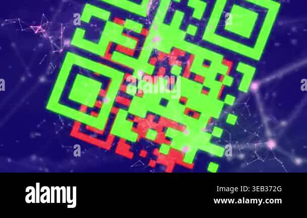 Animation of qr code, network of connections on blue background. Global ...