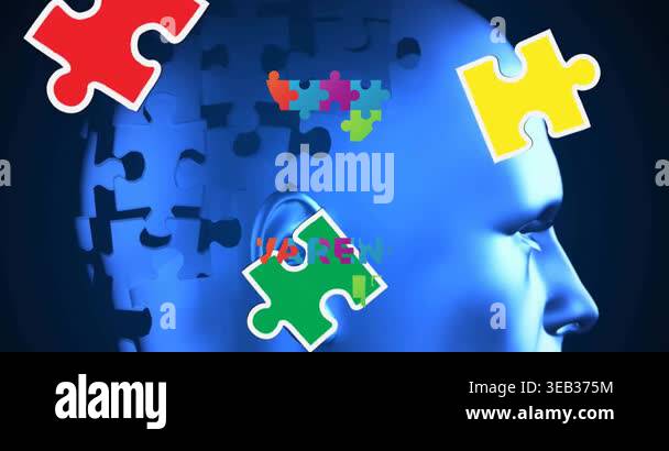 Animation of colourful puzzle pieces and autism awareness month text ...