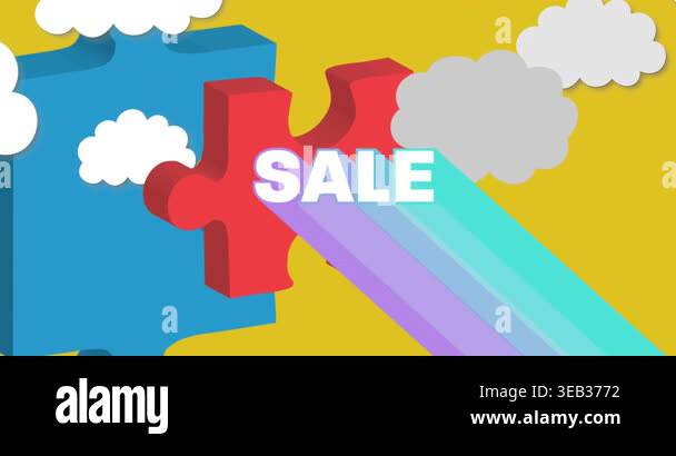 Animation of sale text and clouds over colourful puzzles. Autism ...