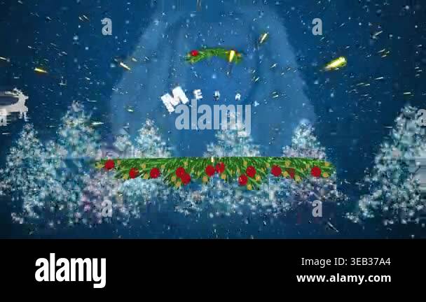 Animation of snow falling over merry christmas text banner and ...