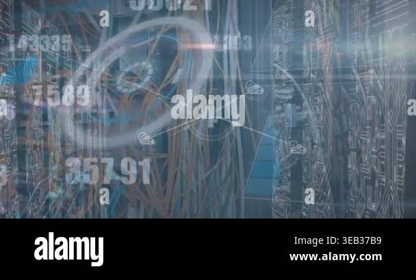 Animation of numbers and data processing over computer motherboard ...