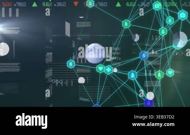 Global network and data security animation over digital charts and ...