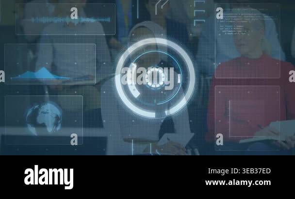 Animation of interface with data processing over businesspeople sitting ...
