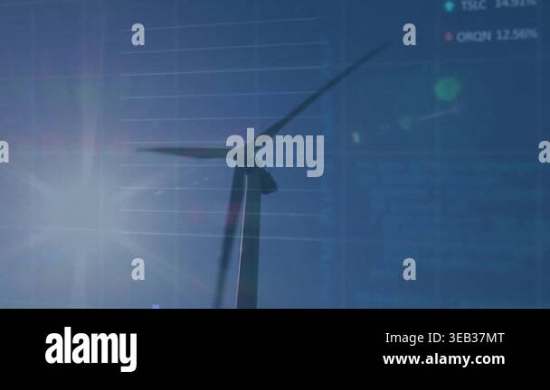 Animation of financial data processing over wind turbine. Global ...