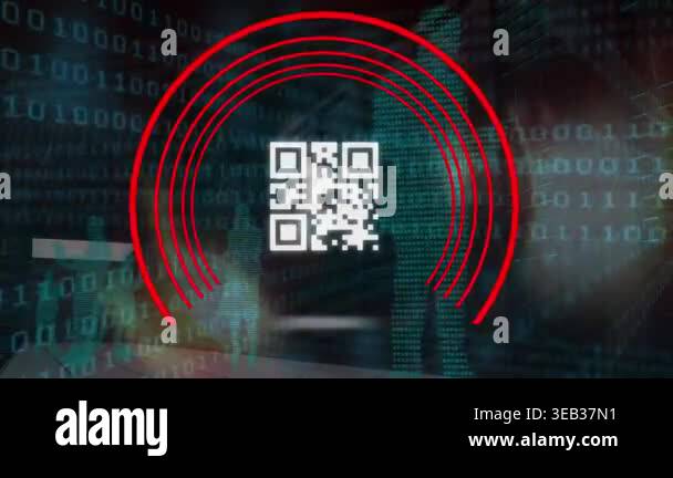 Animation of qr code over neon stripes. Global technology and digital ...