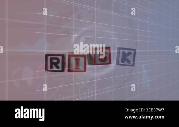 Animation of wooden blocks with risk text over multiple graphs, grid ...