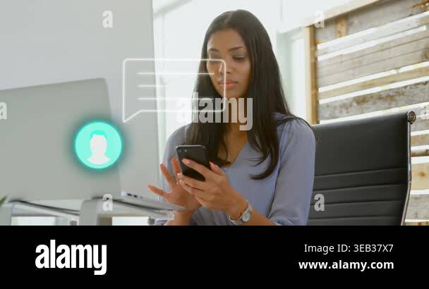 Animation of businesswoman using smartphone over digital businesswoman ...