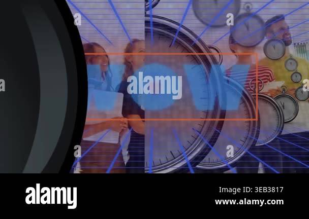 Animation of clocks, digital space and wow over diverse coworkers ...