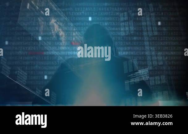 Animation of data processing over caucasian male computer hacker using ...
