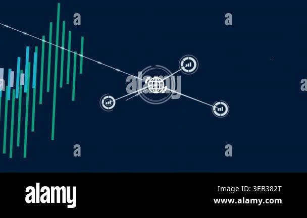 Pulsating ring shooting line, rising bars, branching icons, growing ...