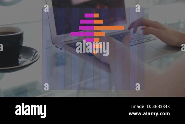 Animation of data processing over hands using laptop. Global business ...