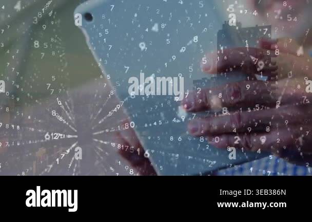 Animation of data processing over businessman using tablet. Global ...