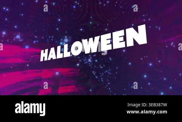 Animation of halloween text banner over pink light trails and glowing ...