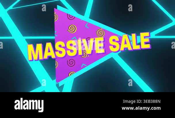 Animation of massive sale text over vibrant geometric shapes and neon ...