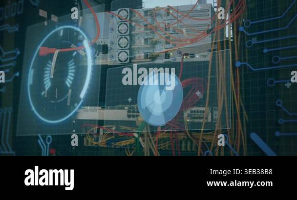 Animation of data processing over cables of computer server. global ...