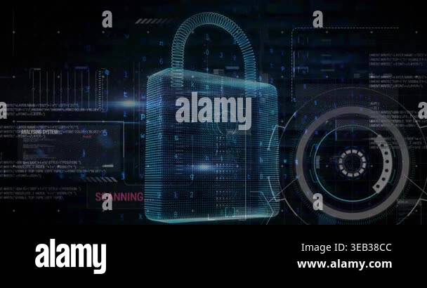 Animation of security padlock and data processing over navy background ...