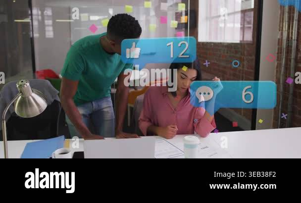 Colleagues reviewing marketing charts while animated social metrics ...