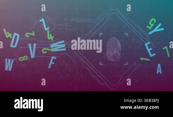 Animation of numbers and letters over fingerprint. Global business ...